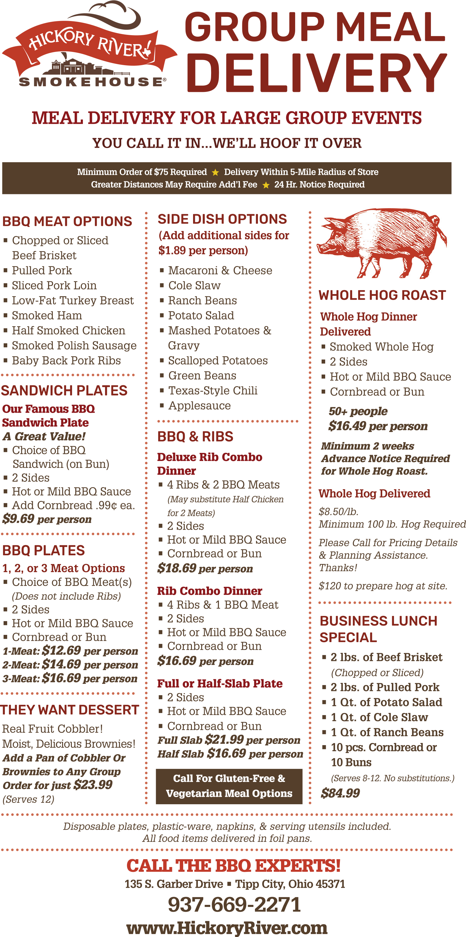 Group Meal Delivery Menu in Tipp City, Ohio • Hickory River Smokehouse