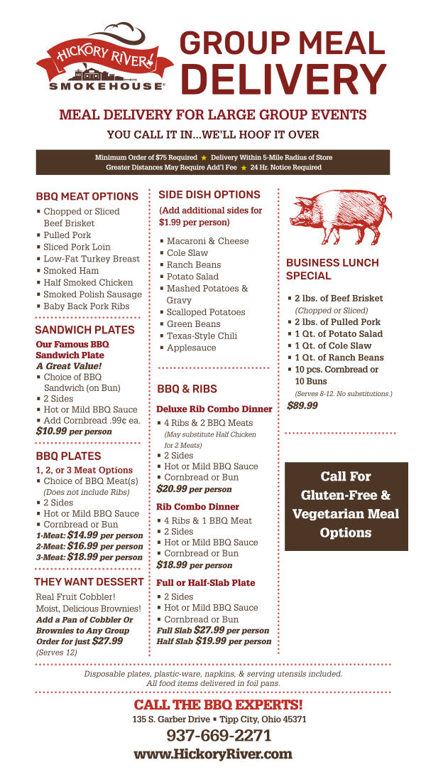 Group Meal Delivery Menu in Tipp City, Ohio • Hickory River Smokehouse