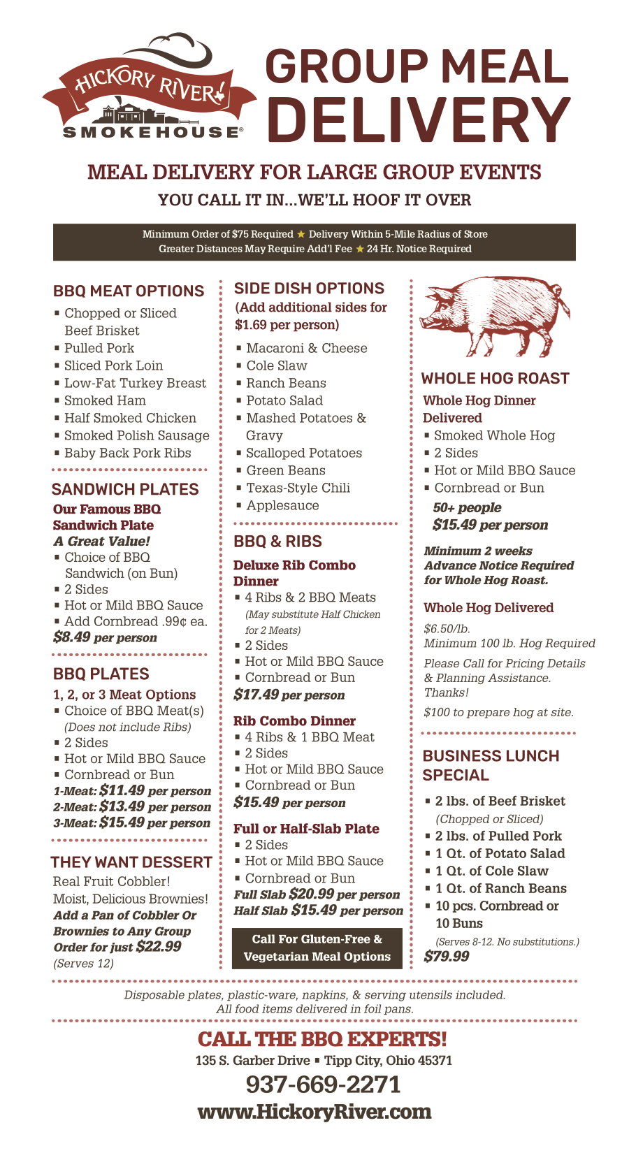 Group Meal Delivery Menu in Tipp City, Ohio • Hickory River Smokehouse